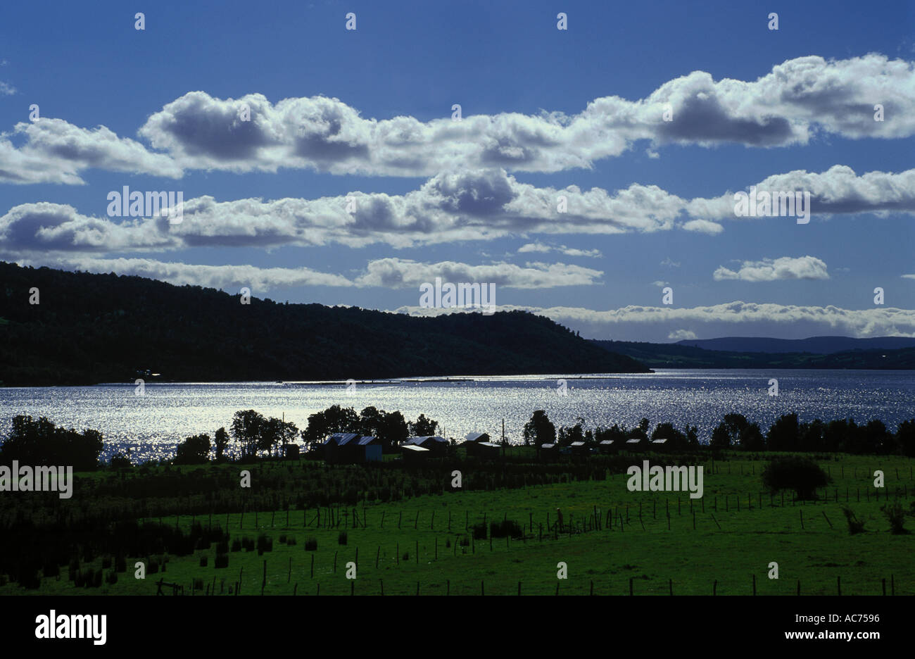 Inlet and FARM LAND on pastoral CHILOE ISLAND CHILE Stock Photo - Alamy