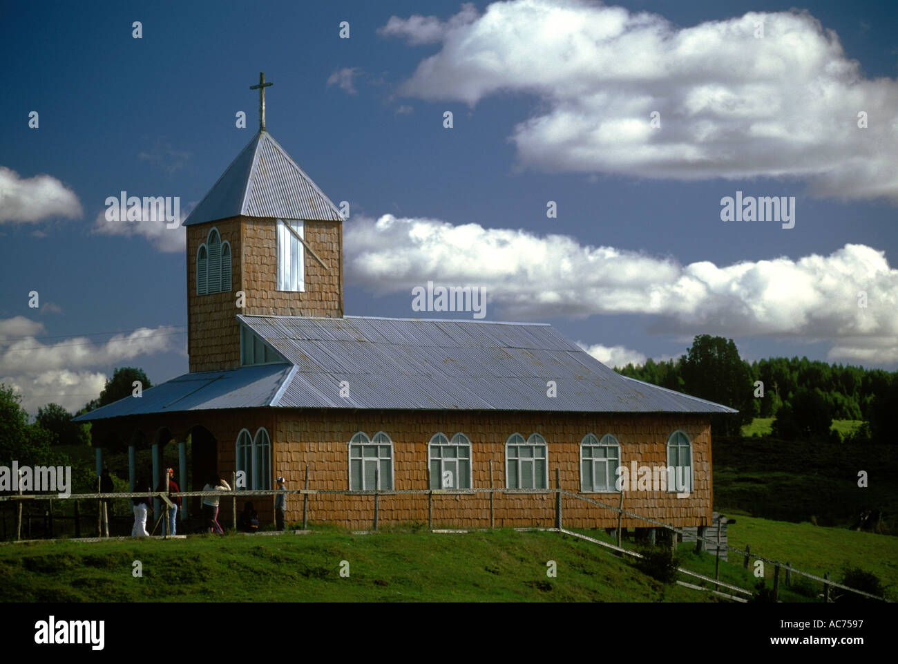 One of the HISTORICAL WOODEN CHURCHES on pastoral CHILOE ISLAND CHILE ...