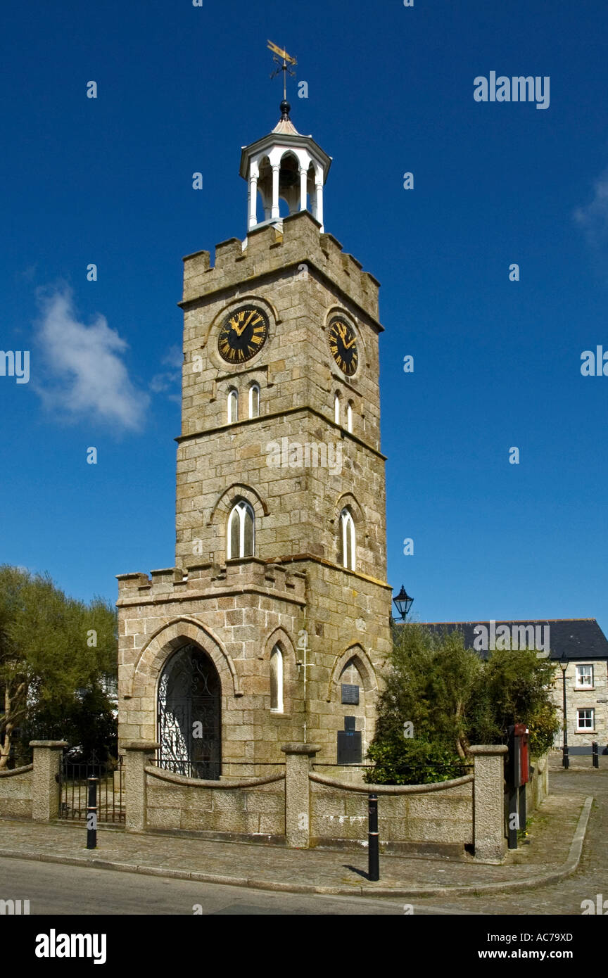 the traditonal town clock in the square at st.day,in cornwall,england ...