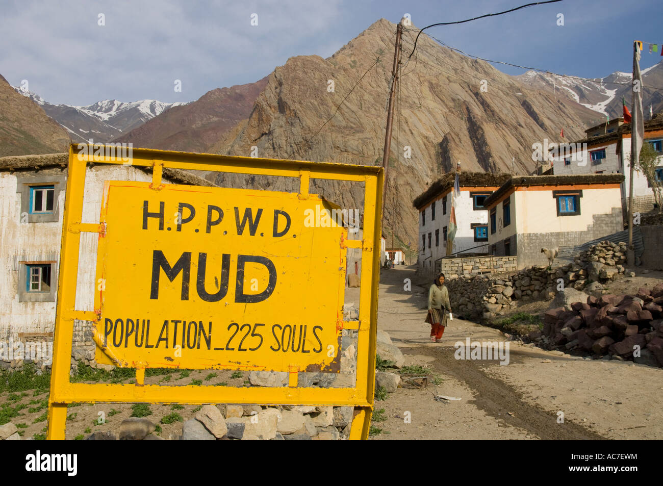 India Himachal Pradesh Spiti Pin valley Mud sign at entrance to village ...