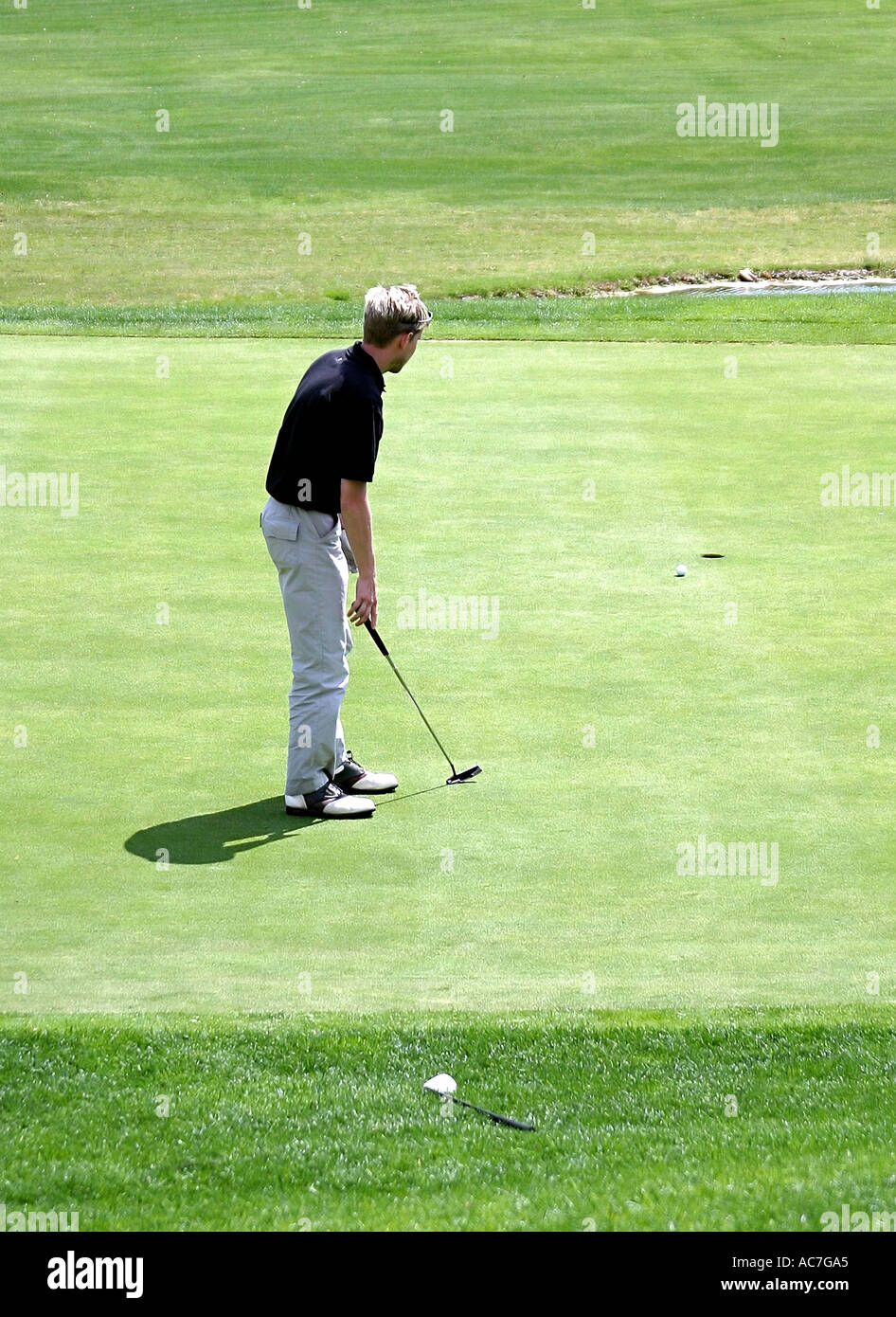 Man putting and watching as the golf ball nears the hole on the green ...