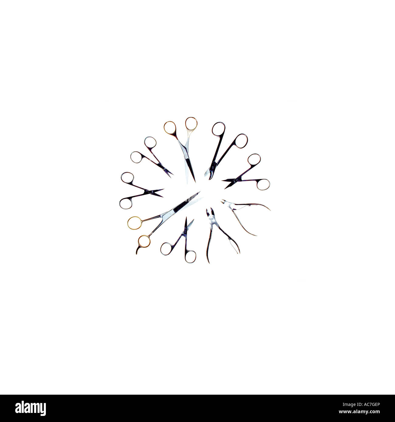 Scissors arranged in a circle on a white background Stock Photo - Alamy