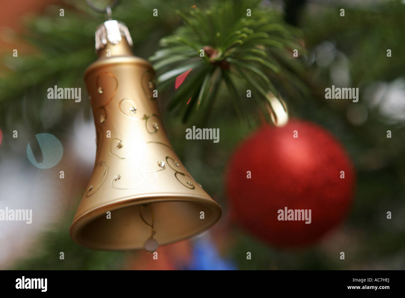 Bell and Bowl on the christmas tree Stock Photo - Alamy