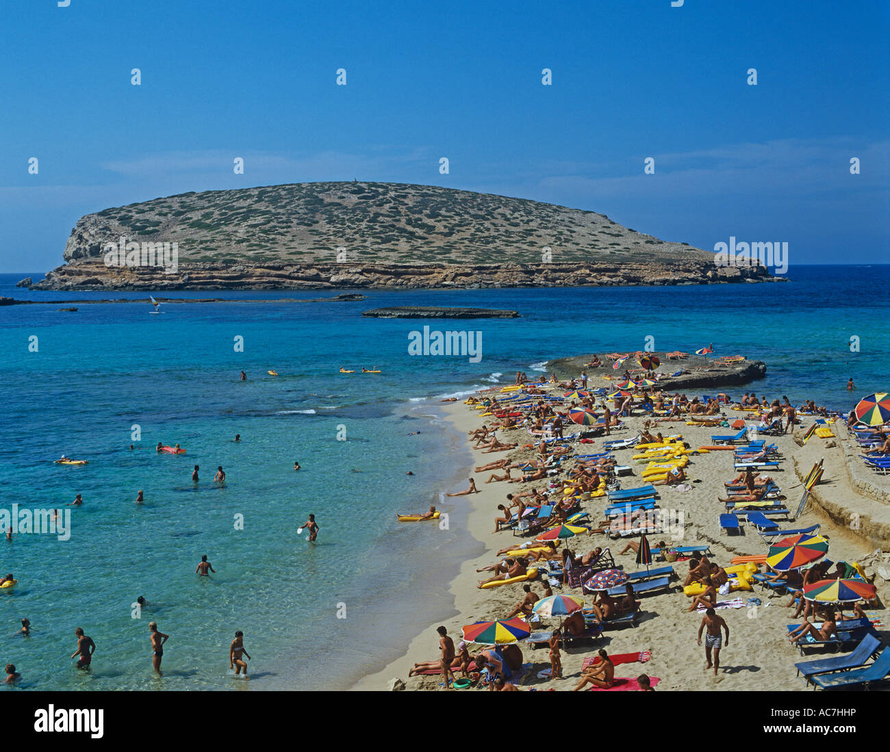 Cala Bassa sand beach on a headland on the west coast of Ibiza Stock ...