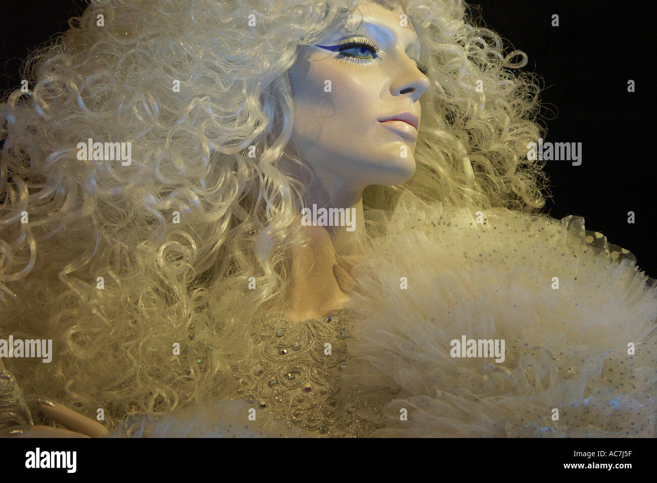 close up of the snow queen mannequin in Harrods department store ...