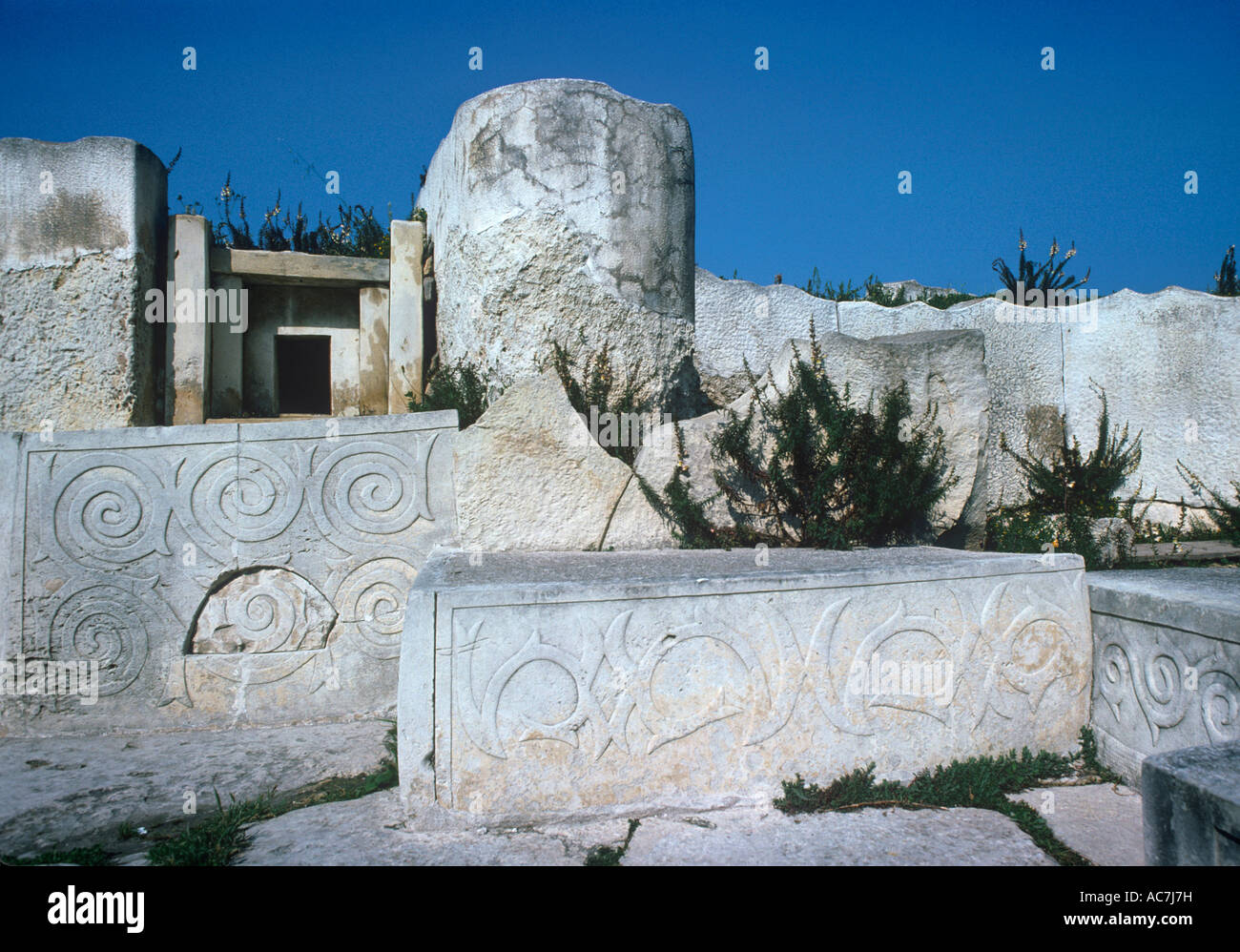 carved and decorated stone slabs and altar within the Tarxien Temple on ...