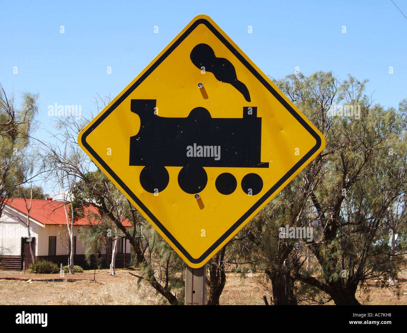 Train warning road sign, outback, Mullewa, Western Australia Stock ...