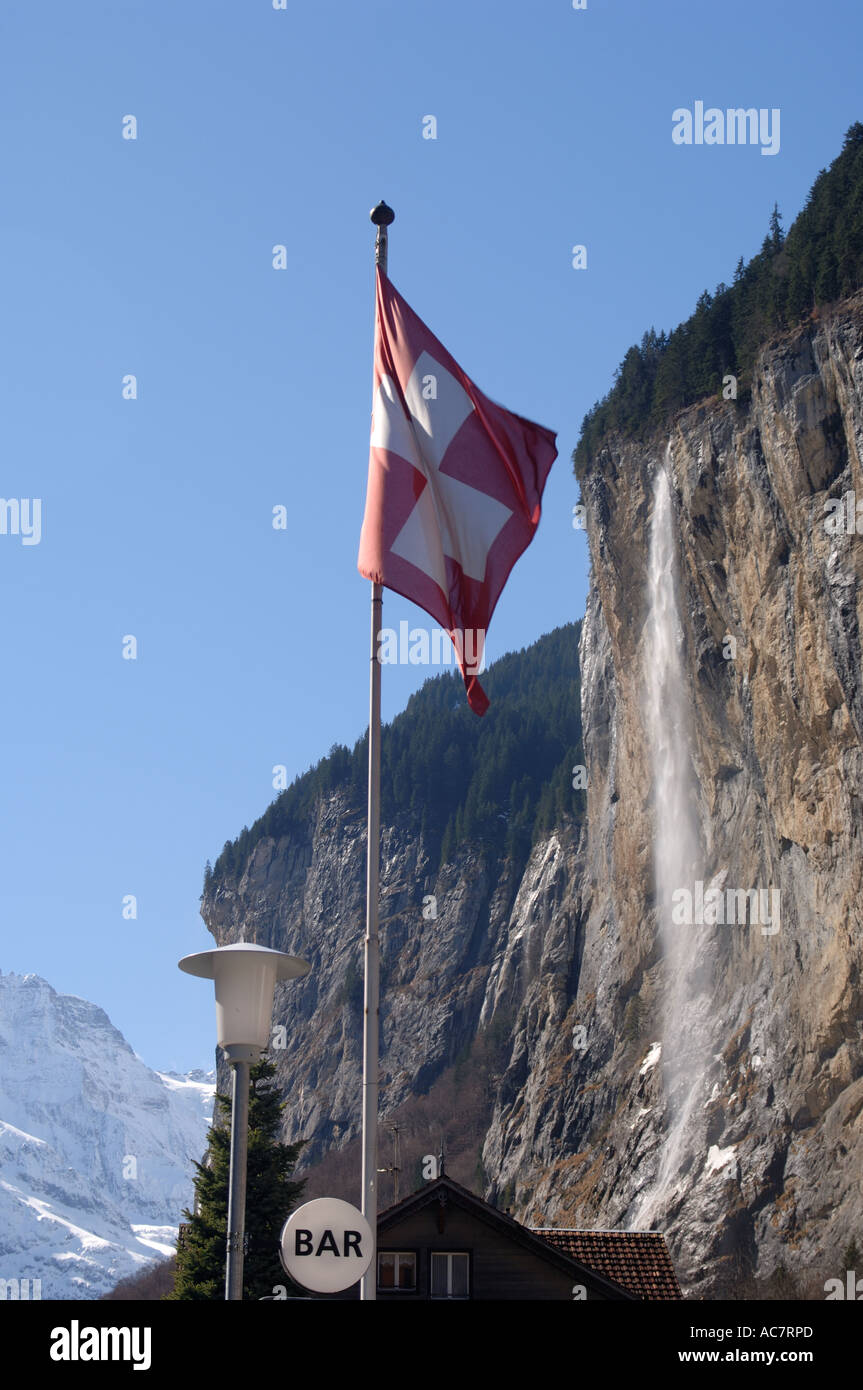 Lauterbrunnen switzerland waterfall swiss flag hi-res stock photography ...