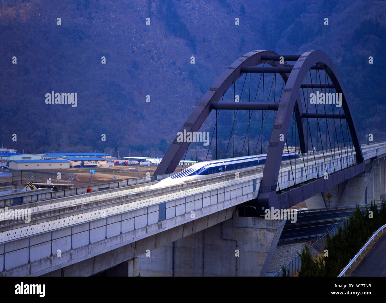 Maglev experimental bullet train on the test track near Fuji. Train is ...