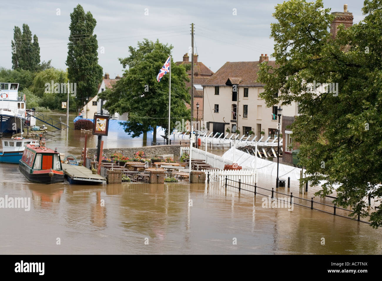 Flood Barriers Alongside Flooded River Severn In Spate June 27 2007