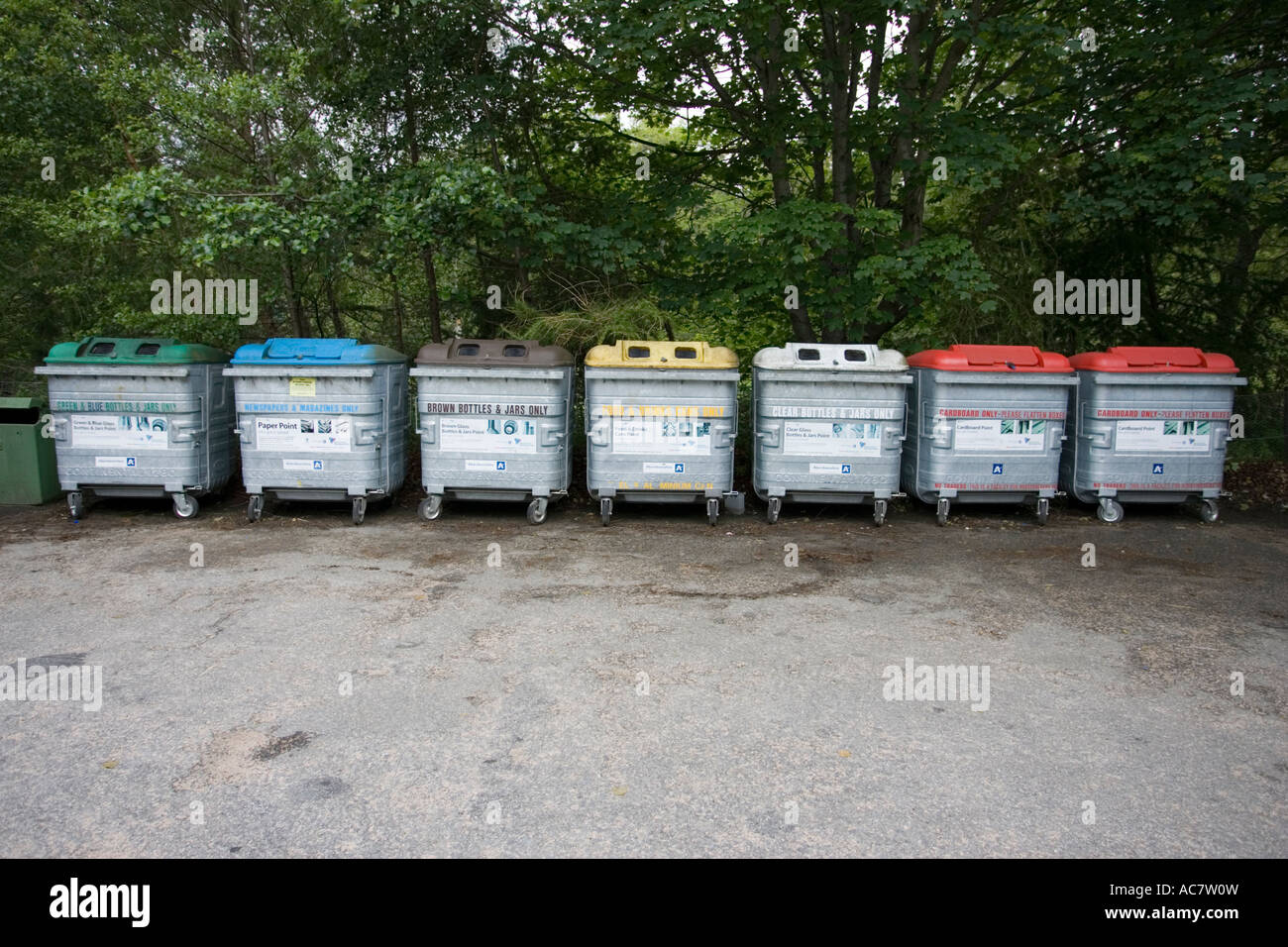 Variety of recycling bins Balmoral car park Royal Deeside Scotland UK ...