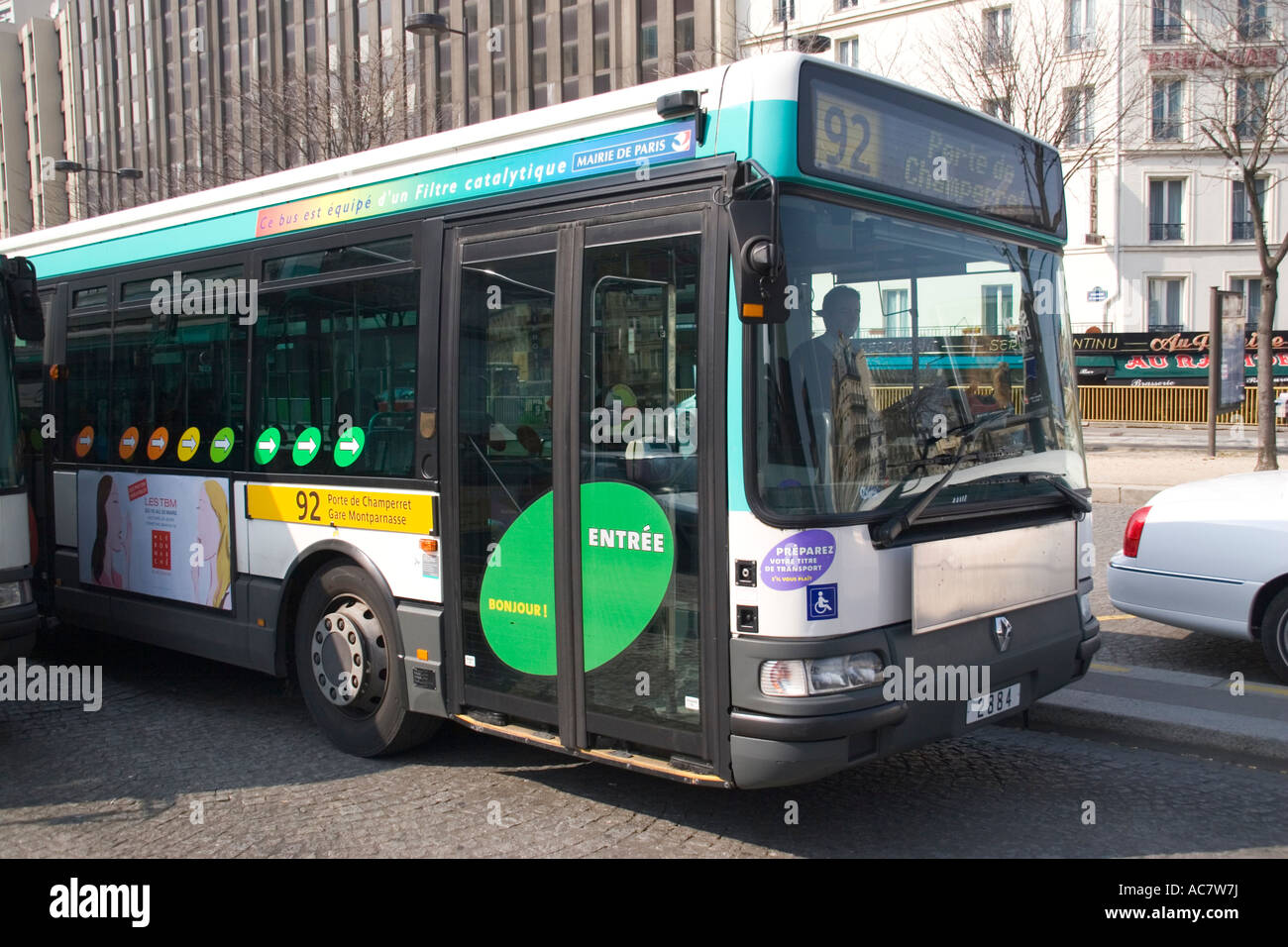 92 Bus outside its terminus at Montparnasse in Paris France Spring 2006 ...