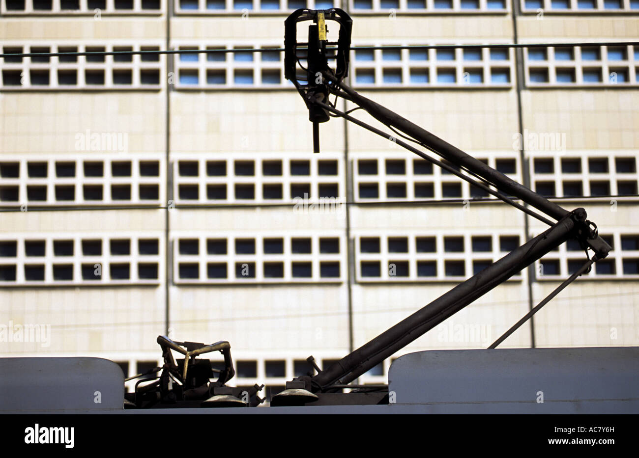 Electricity gantry fitted to TGV passenger train, Marseille railway ...