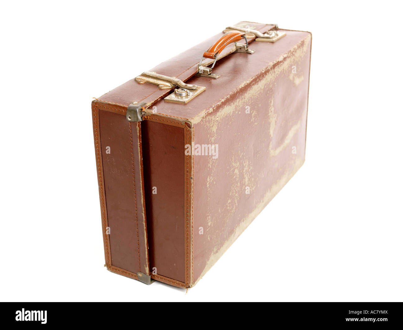 Close Up Of An Old Battered Travellers Retro Brown Suitcase, Isolated ...