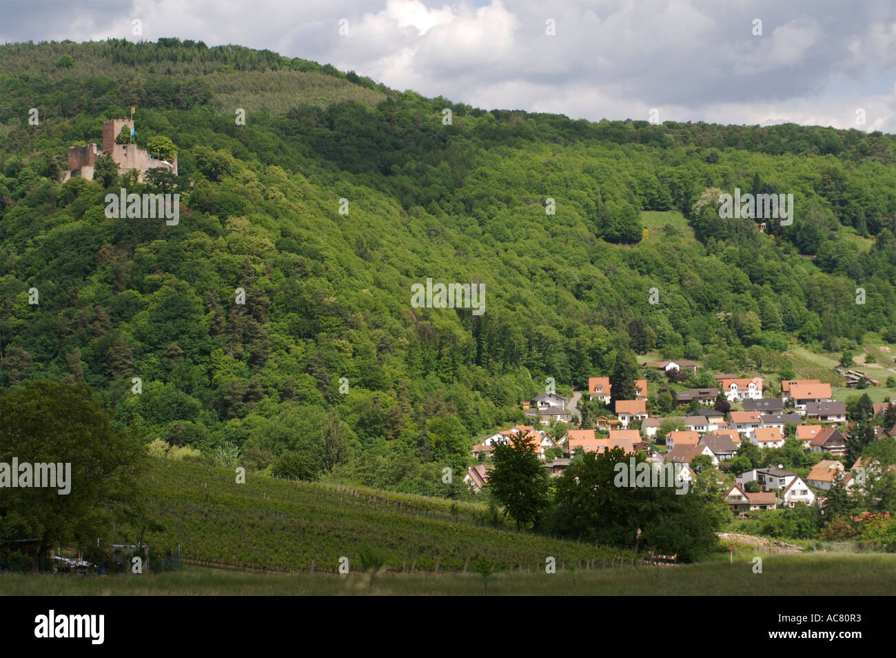 Landscape with castle and small village Stock Photo - Alamy
