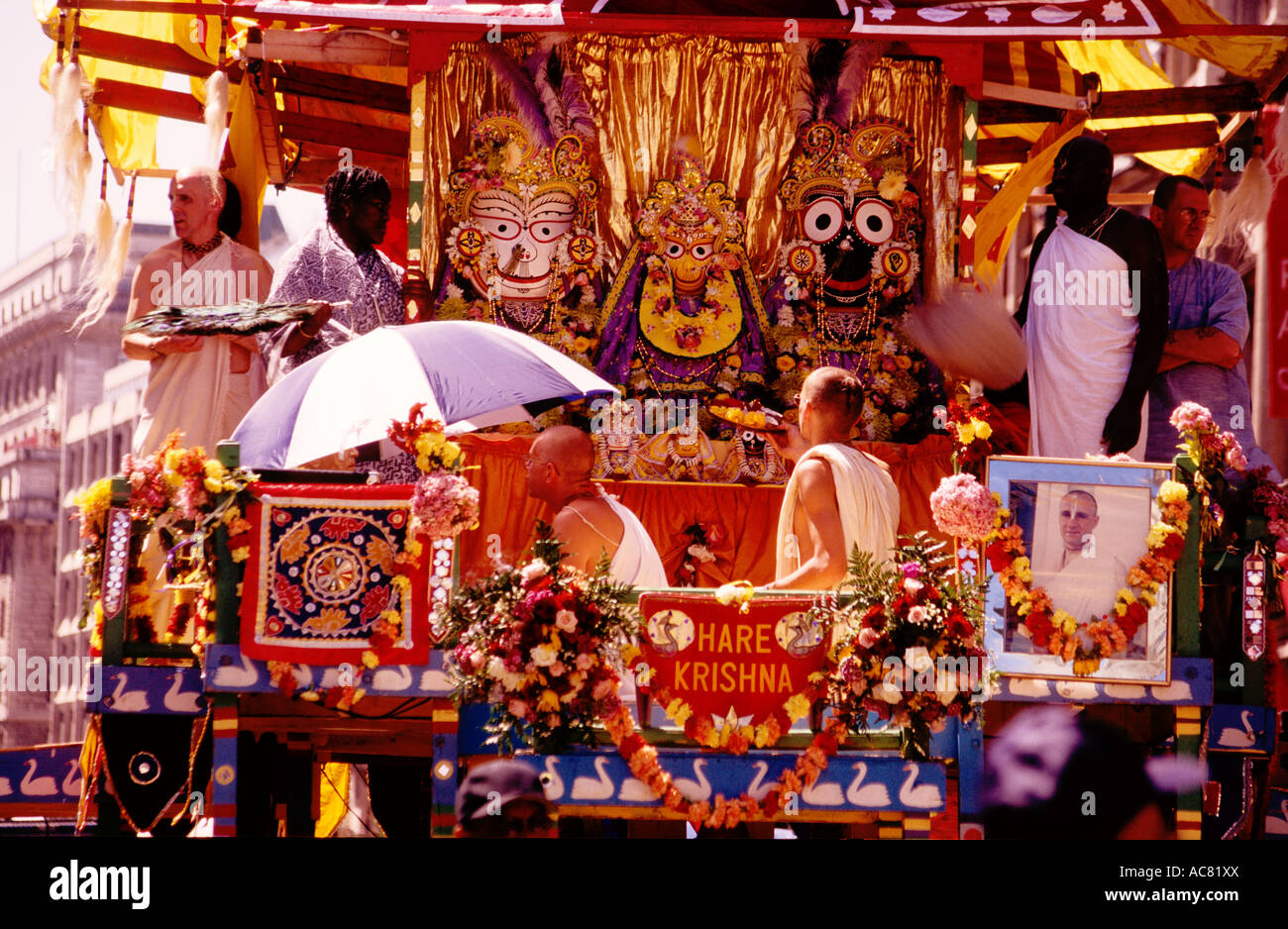 hare krishna float in London's west end and hare krishna adherents ...