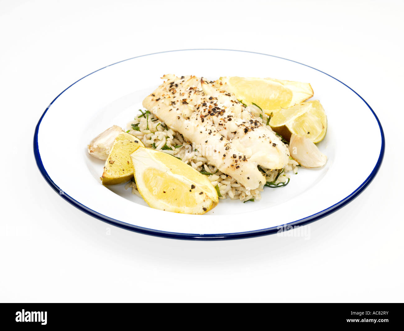Roasted Cod with Brown Rice and Seaweed Stock Photo - Alamy