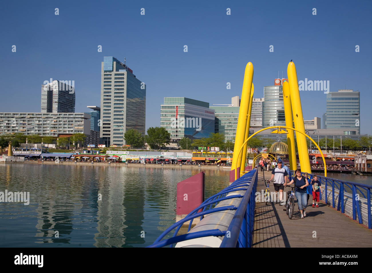 Vienna Donau Island footbridge Danube Island background UNO City Stock ...