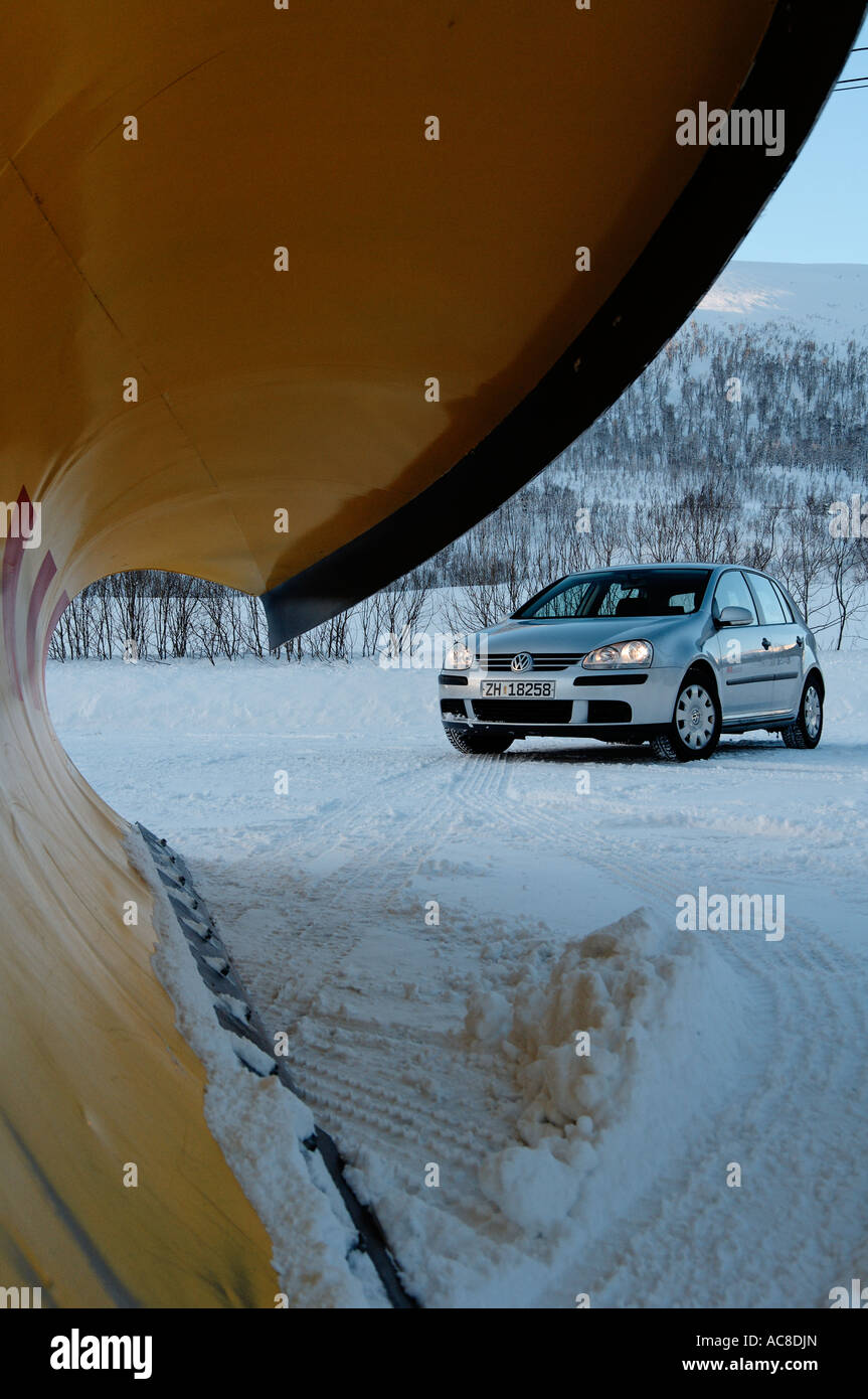 Winter driving on white ice roads is the norm in northern Norway near ...