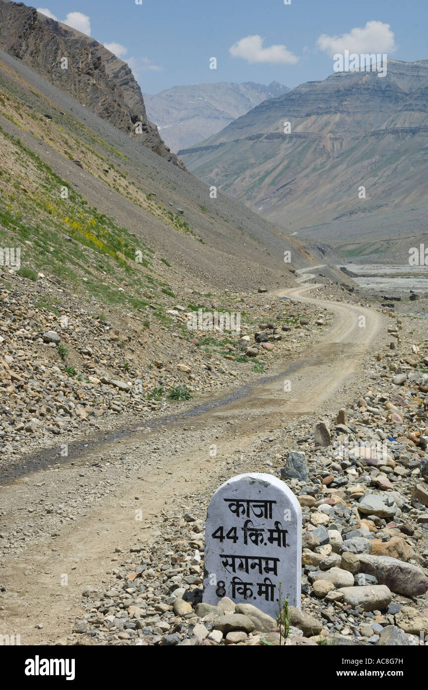 India Himachal Pradesh Spiti Pin valley Mud mile stone on road side ...