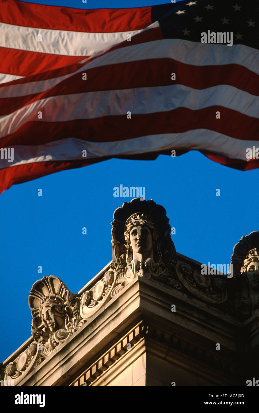 US flag and cornerstone of the Metropolitan Museum of Art New York City ...