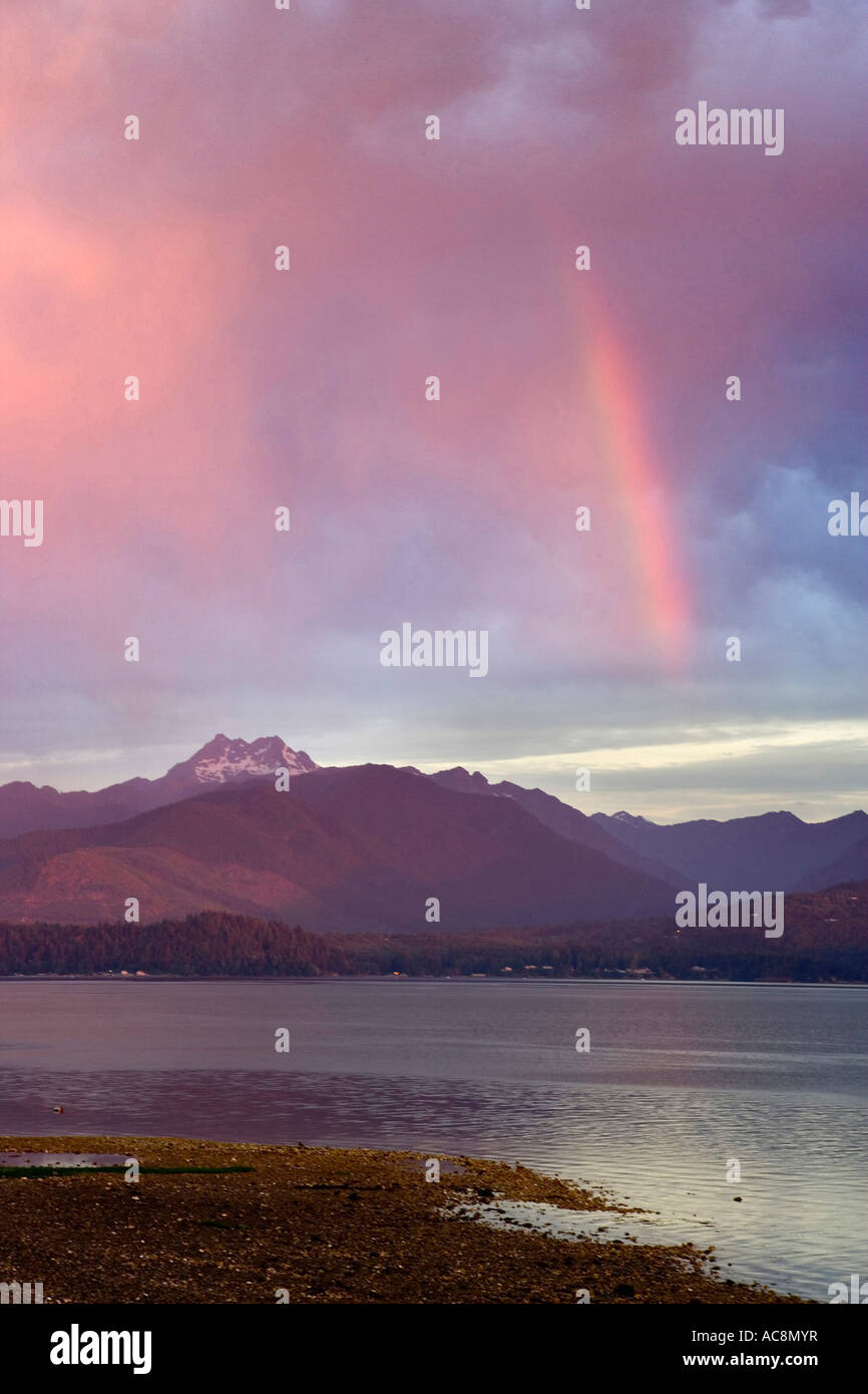 Rainbow over mountains, Hood Canal, Olympic Mountains, Washington, USA ...