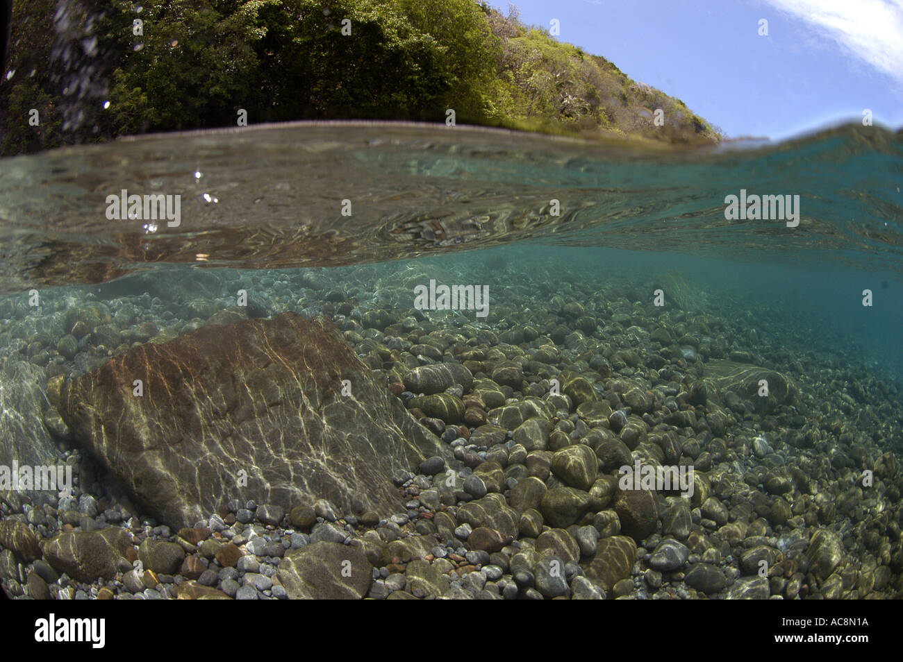 Split underwater view of Soufriere Bay a submerged crater of an ...
