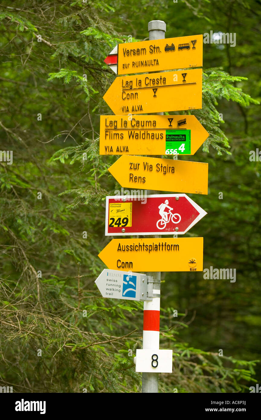 Walking signpost in Flims, Swiss Alps Stock Photo - Alamy