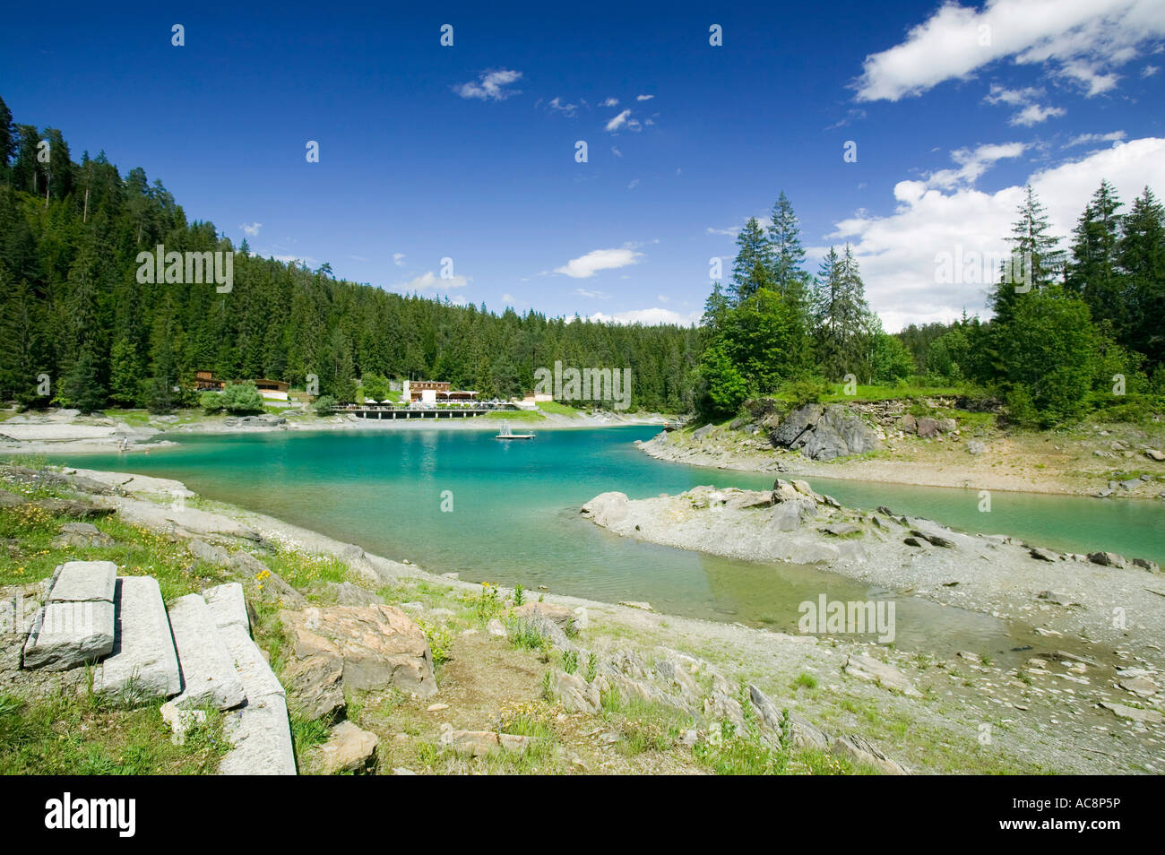 Lake Cauma a famous summer bathing spot near Flims in the Swiss Alps ...