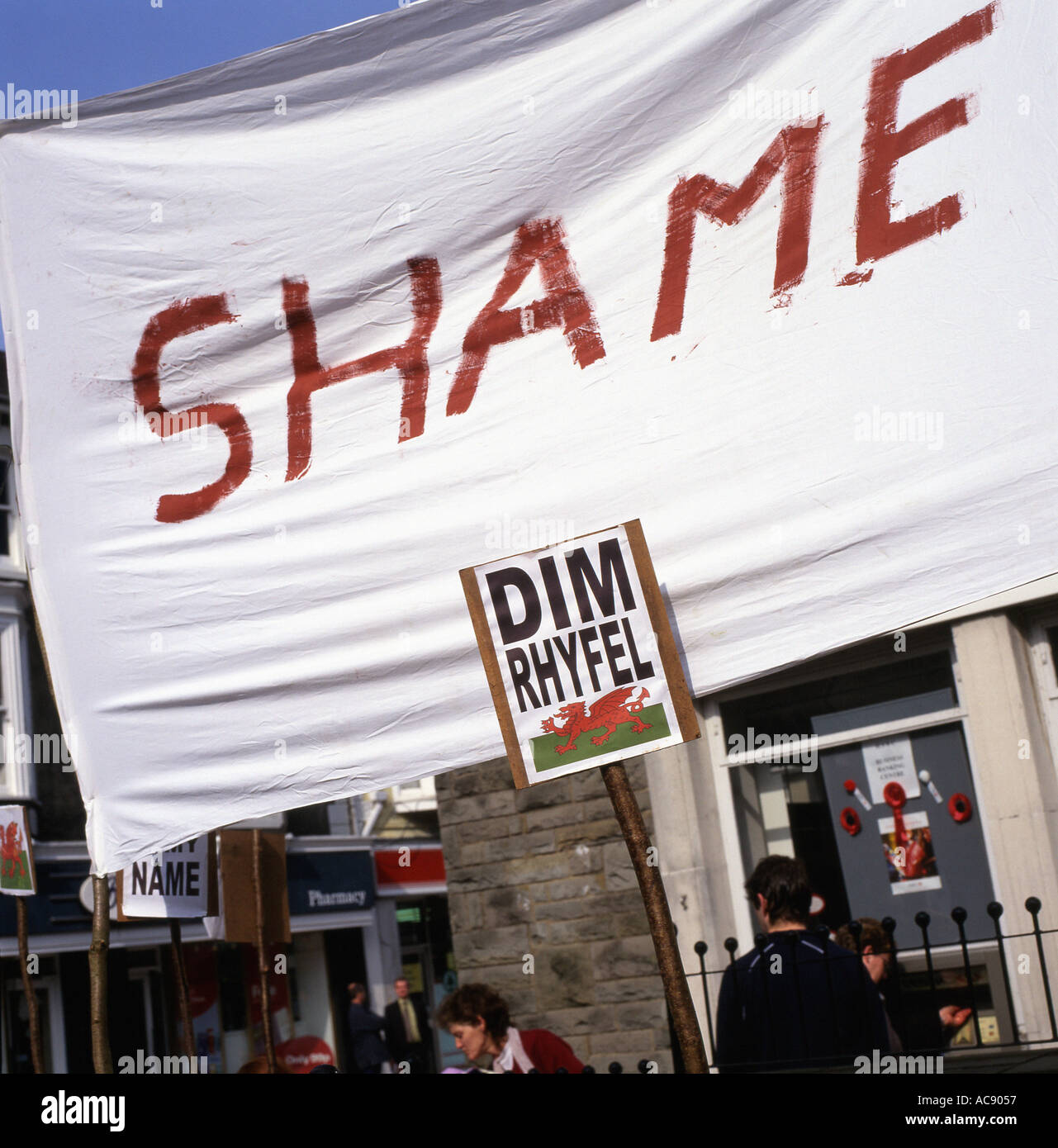 A Welsh language protest placard Dim Rhyfel and Shame banner at an Anti ...