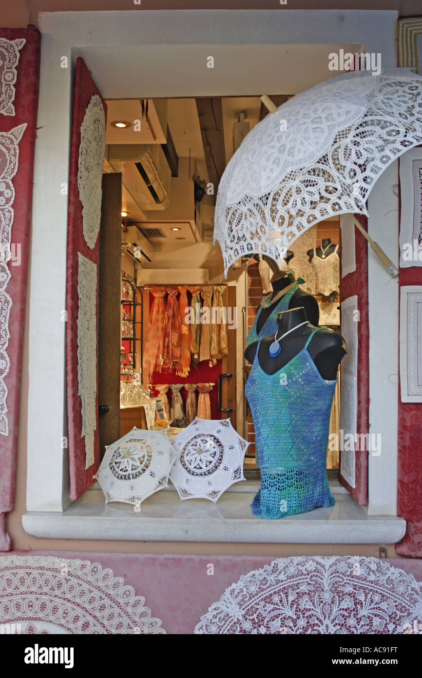 Italy Veneto Venice Burano famous Burano Lace on display in shop Stock ...