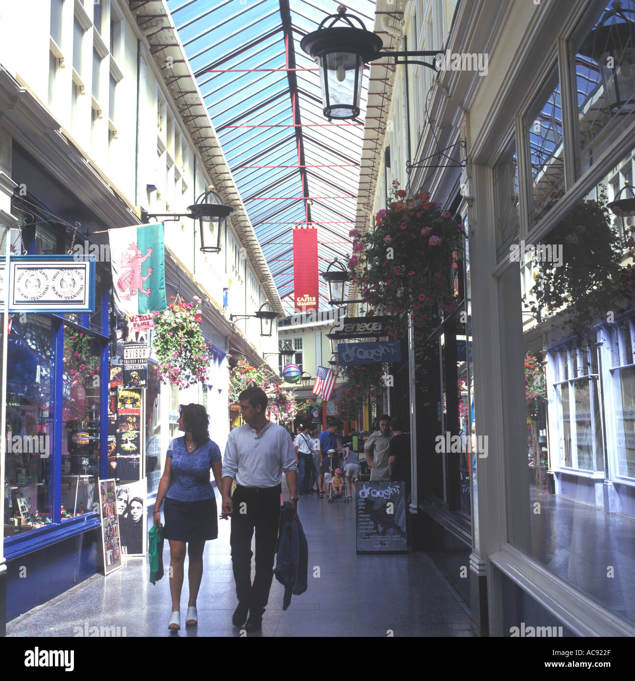 People shopping High Street Arcade Cardiff City Centre South Glamorgan ...