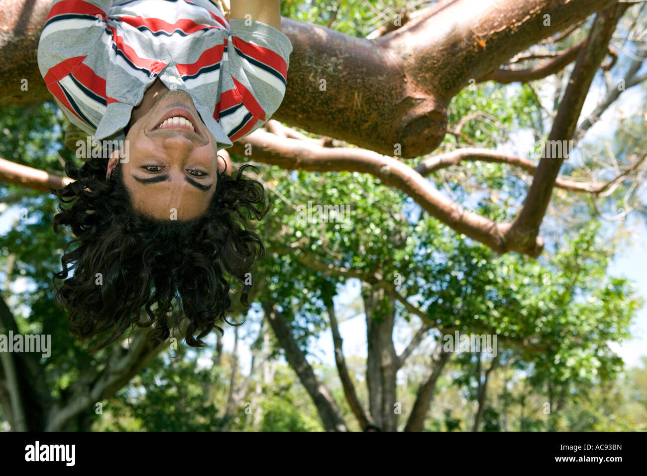 Portrait of a young man hanging upside down in a tree Stock Photo - Alamy