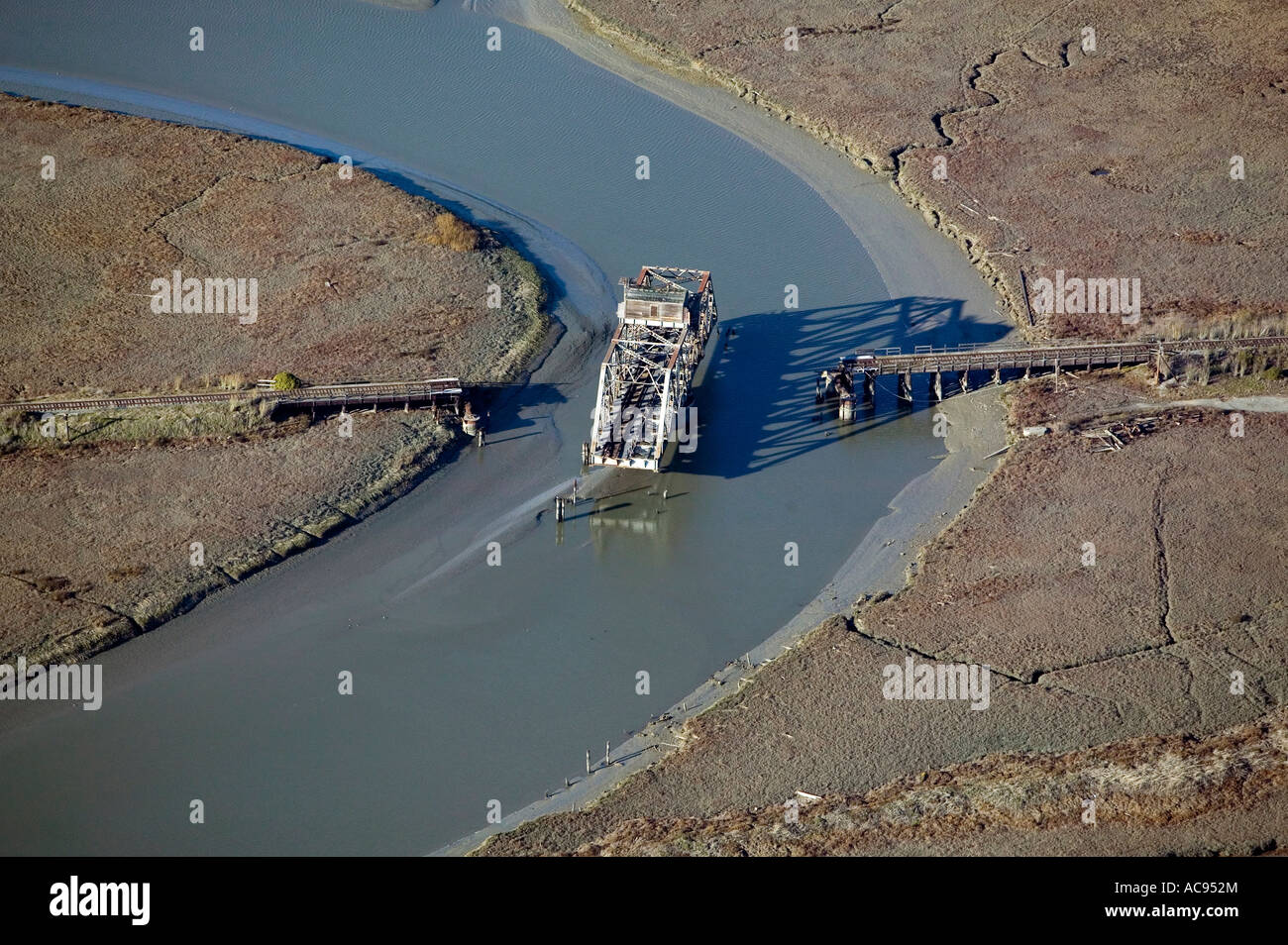 aerial view above swing bridge near mouth Petaluma river border Sonoma ...