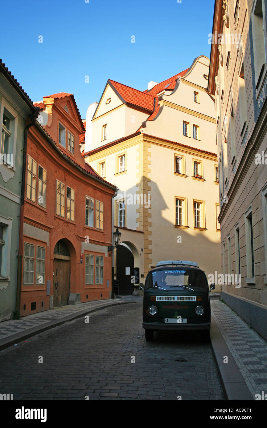 Vintage van on a cobblestone street in Malá Strana, Prague Stock Photo ...