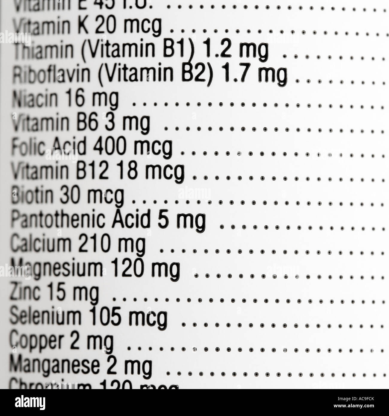 Close up of supplement label with amount of vitamins Stock Photo - Alamy