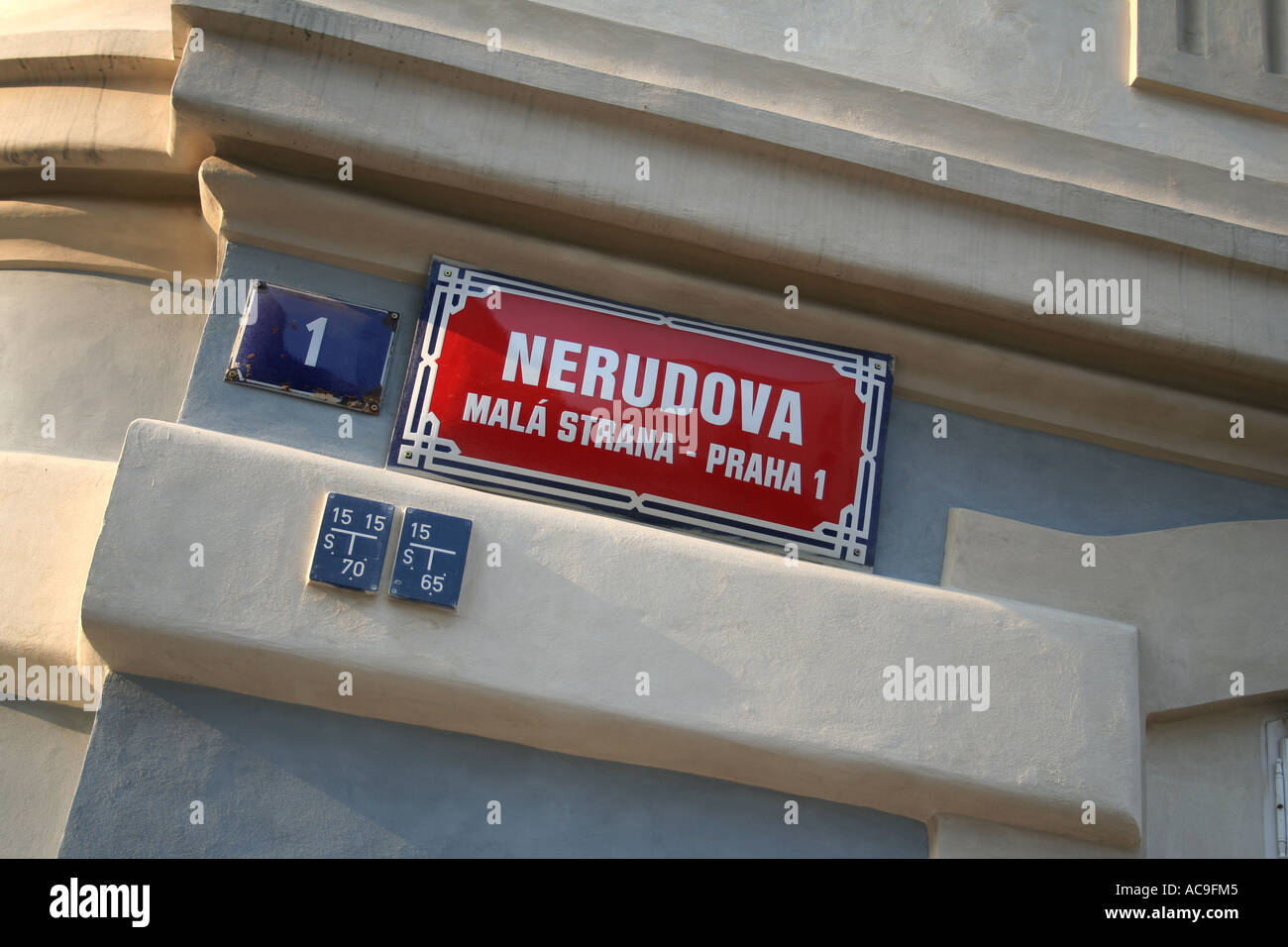 Street sign for Nerudova in Mala Strana, Prague, displayed on a ...