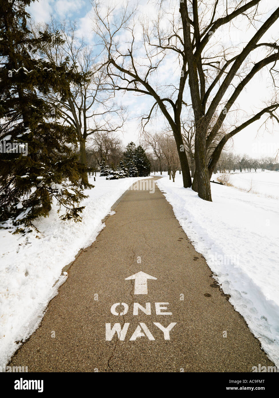 Paved path in park reading one way Stock Photo - Alamy
