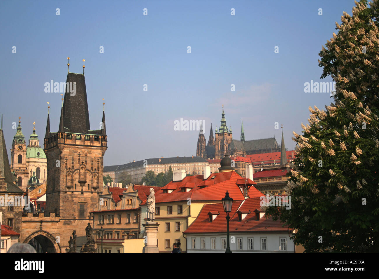 Spring Morning View of Lesser Town Bridge Tower and Prague Castle ...