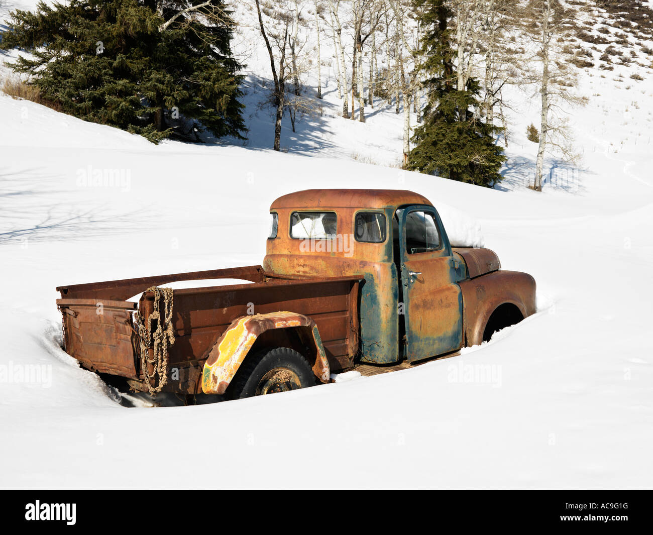 Old rusted classic truck in snow covered field Stock Photo - Alamy