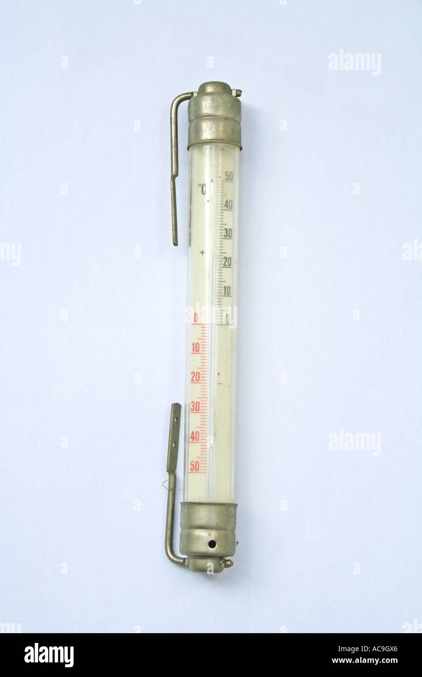 Close-up of an old-fashioned metal thermometer with red and black ...