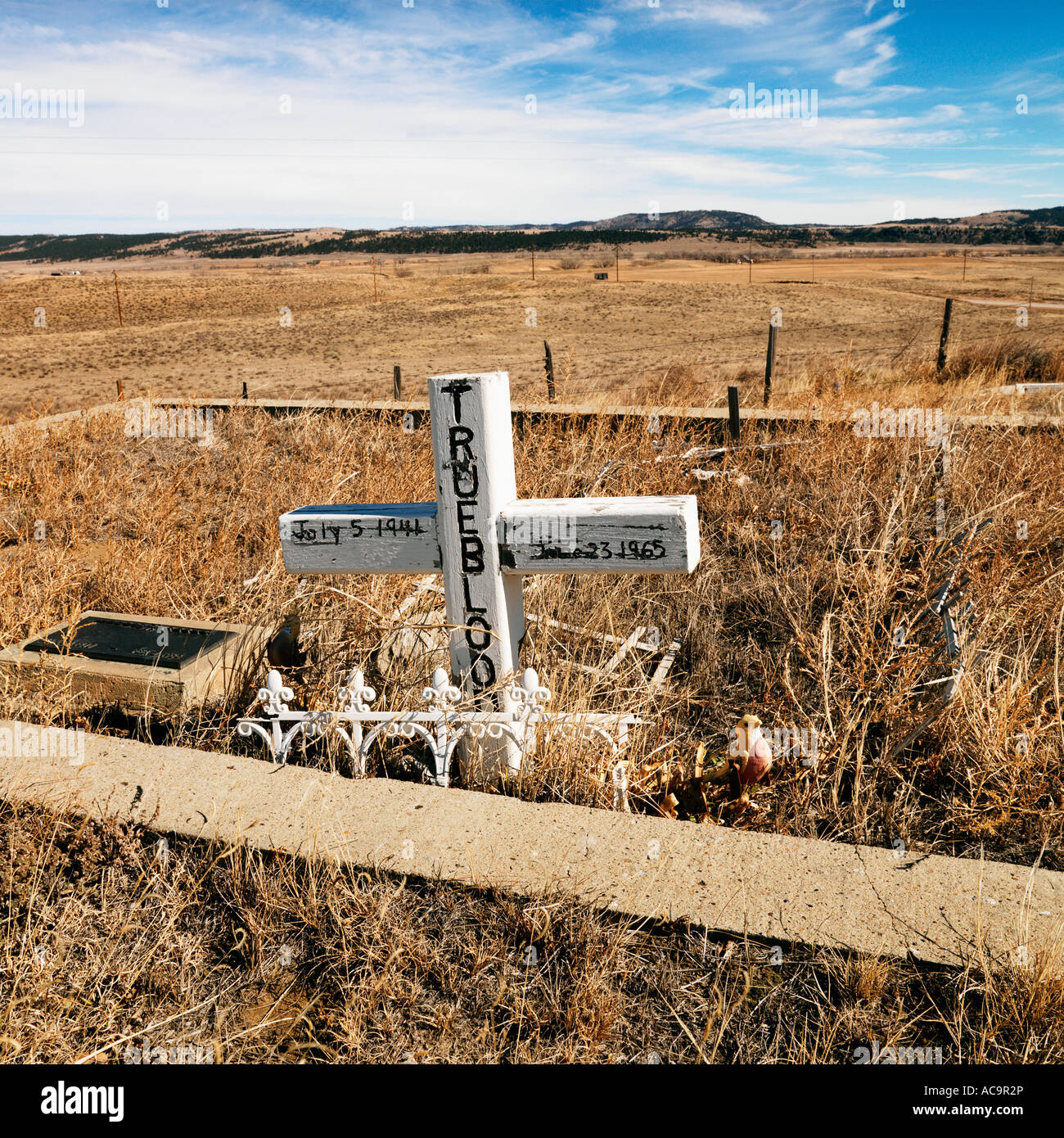 A cross tombstone in cemetery with landscape in background Stock Photo ...