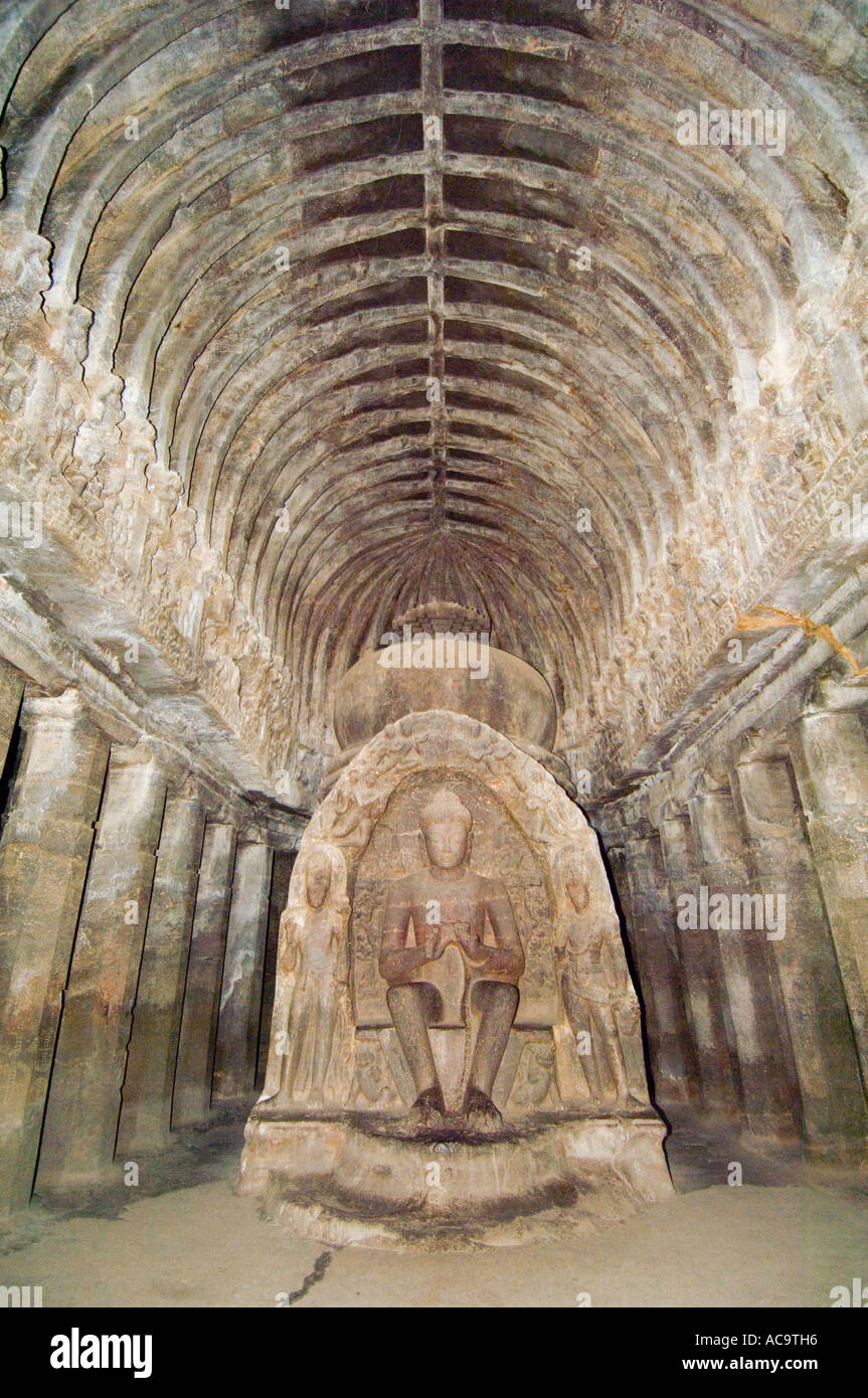 The inside of Vishwakarma Caitya Hall (cave 10) showing the carved ...