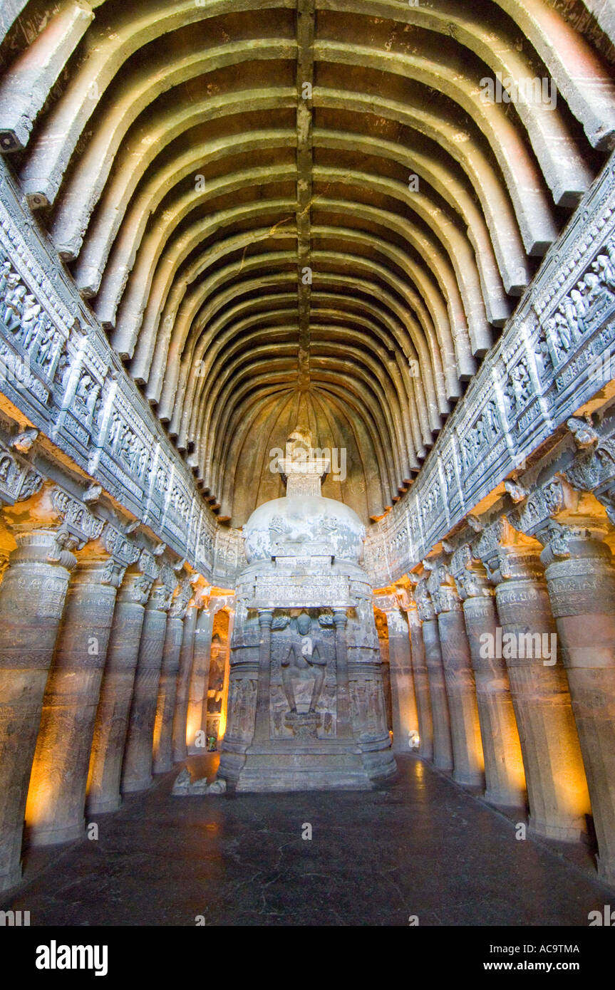 The exquisitly carved ceiling and pillars inside cave 26 at Ajanta ...