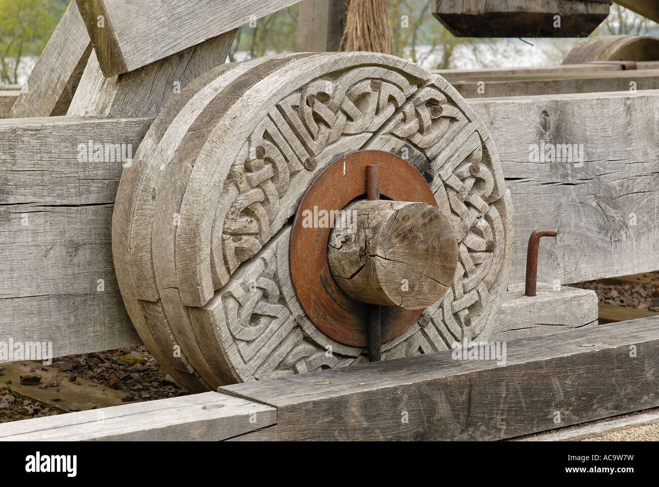 Detail of a trebuchet (wheel), Urquhart Castle, Loch Ness, Scotland ...