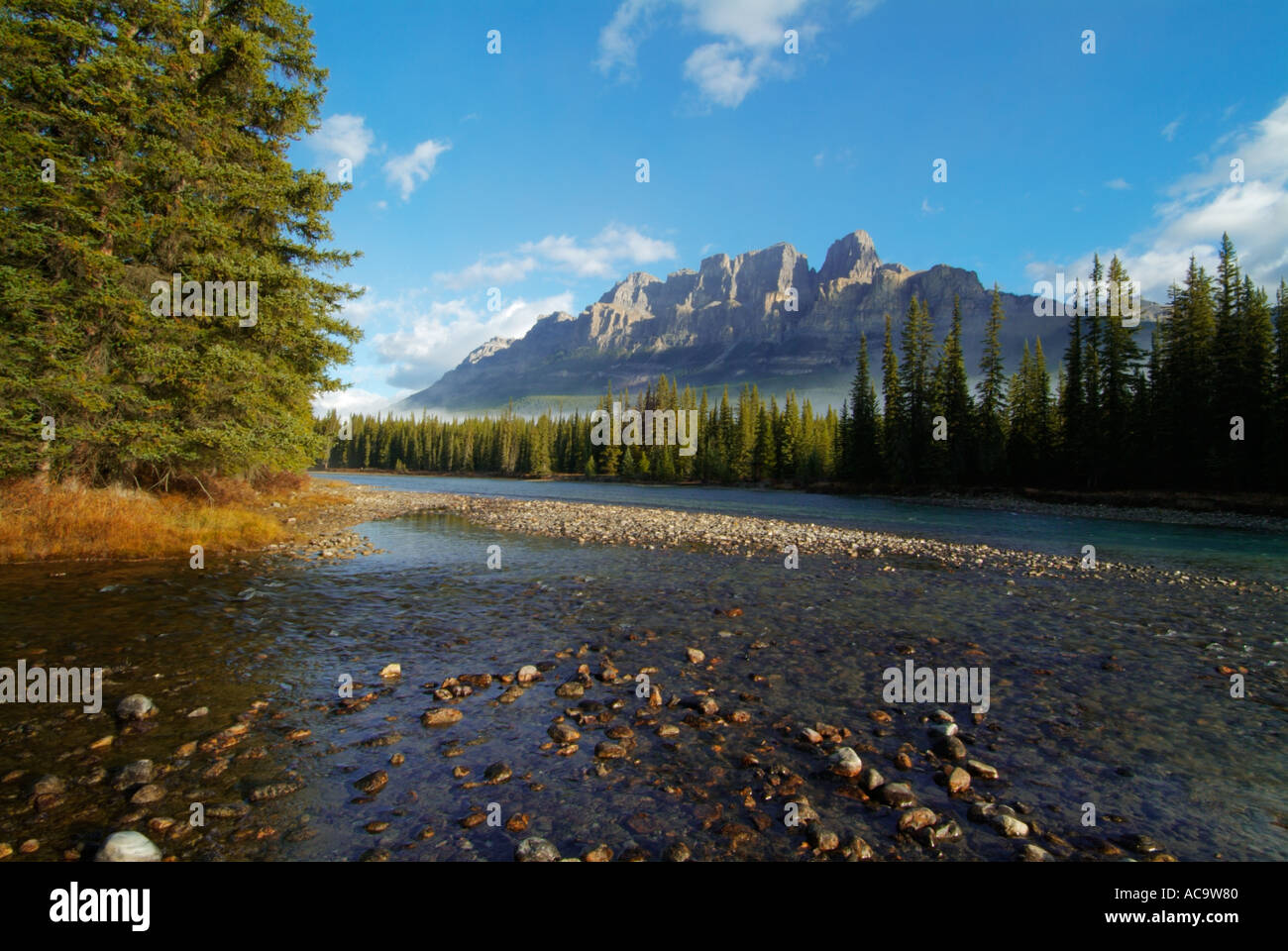 Mist rising from Bow river Castle Mountain early morning at castle Junction Bow Valley Parkway ...