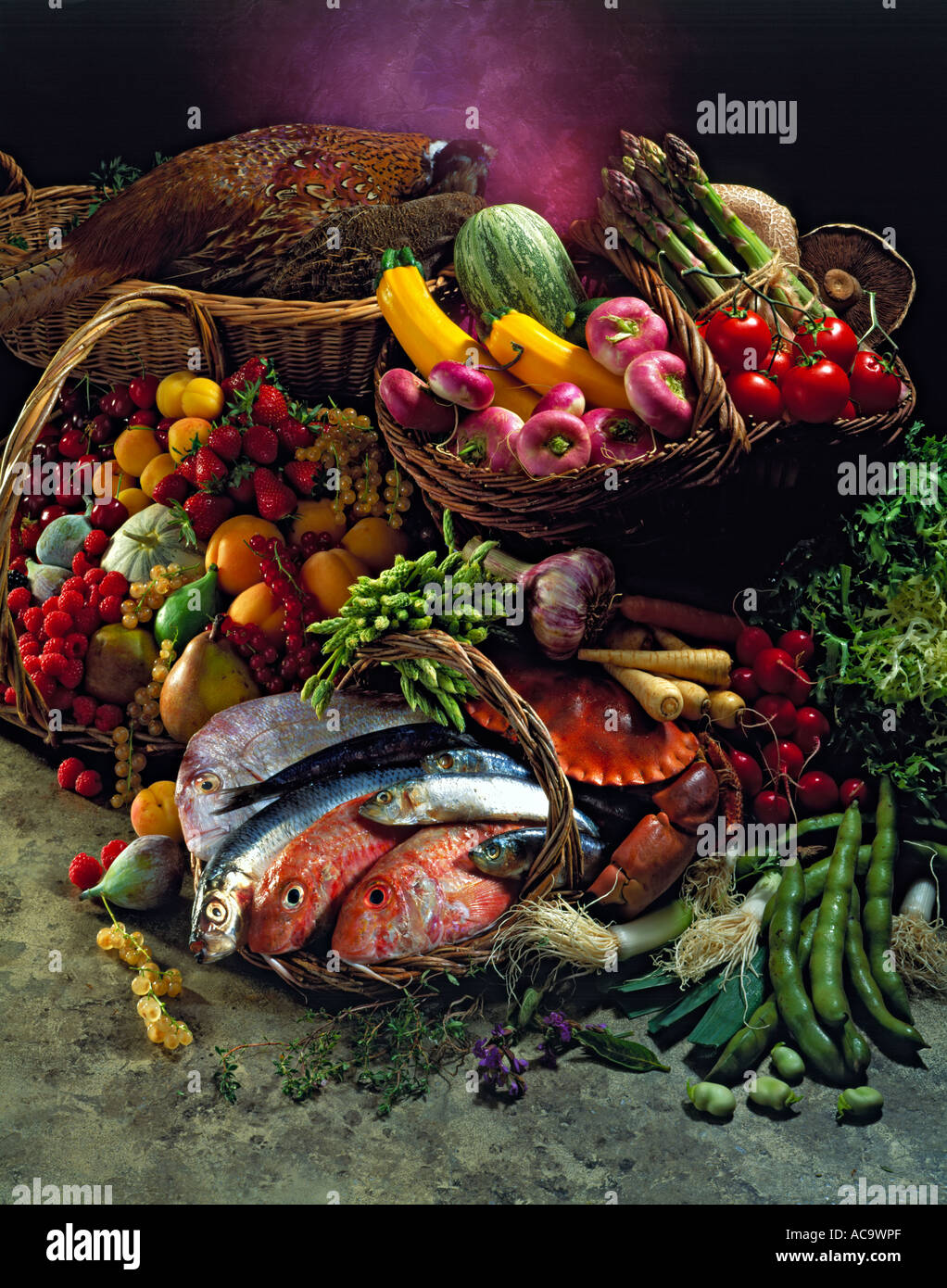 Vegetables, fruit, fish and game Stock Photo - Alamy