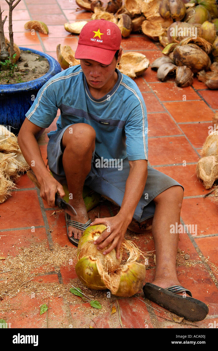 Young man de-husking coconuts, Phan Thiet, Vietnam Stock Photo - Alamy