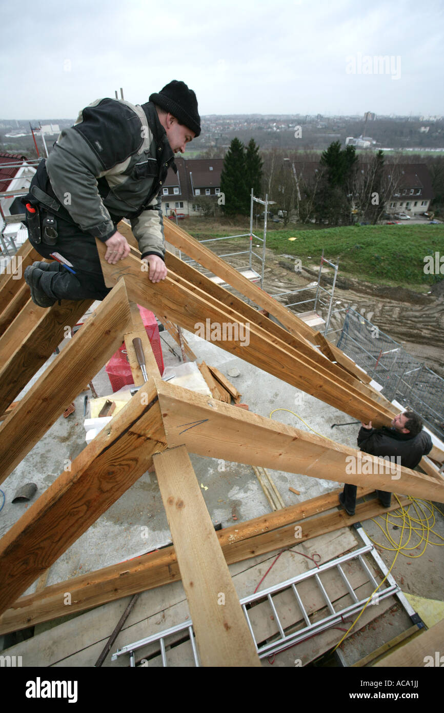 Carpenter building the roof truss of a house, Essen, North Rhine ...