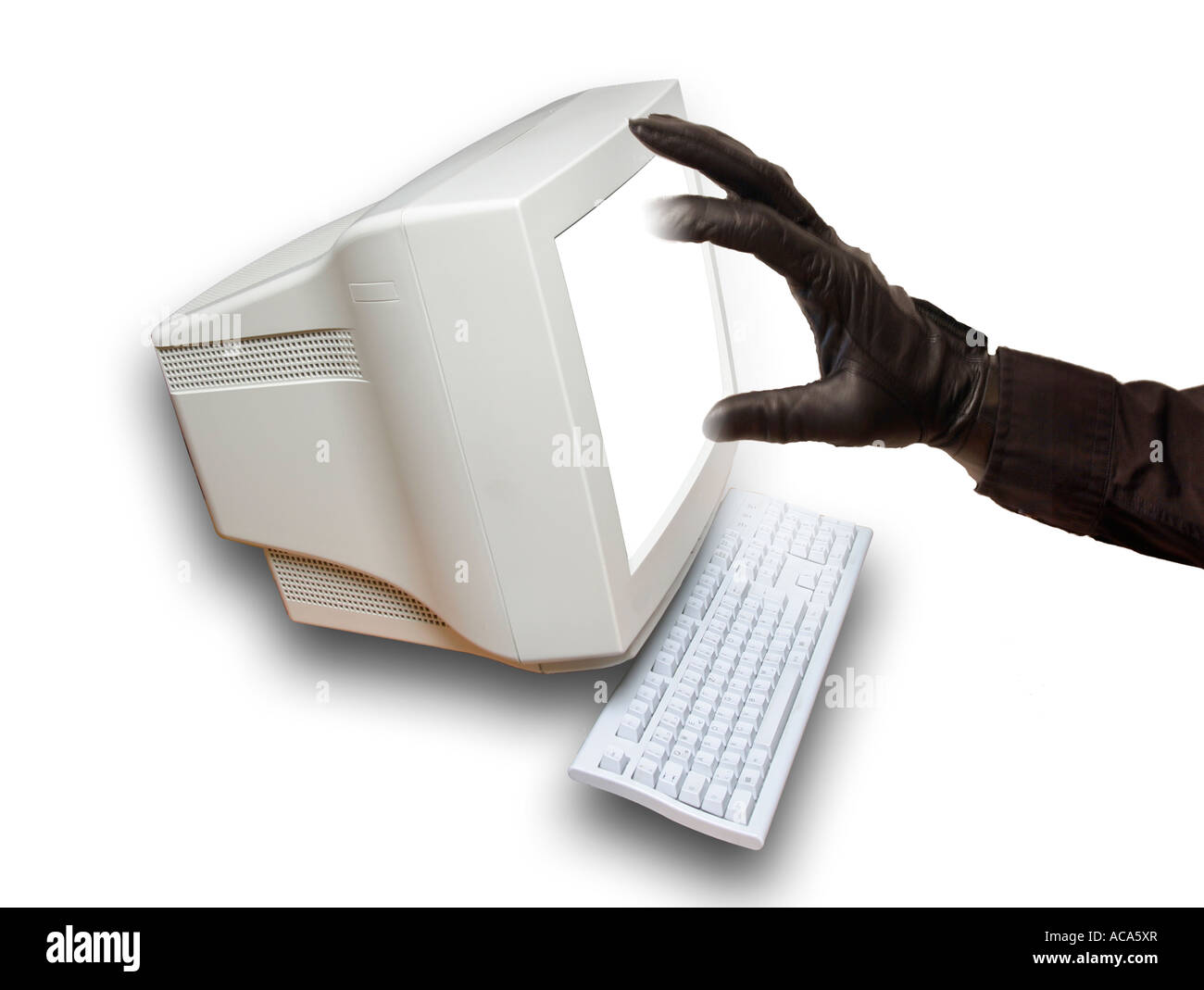 Hand with black glove reaches into a computer Stock Photo - Alamy